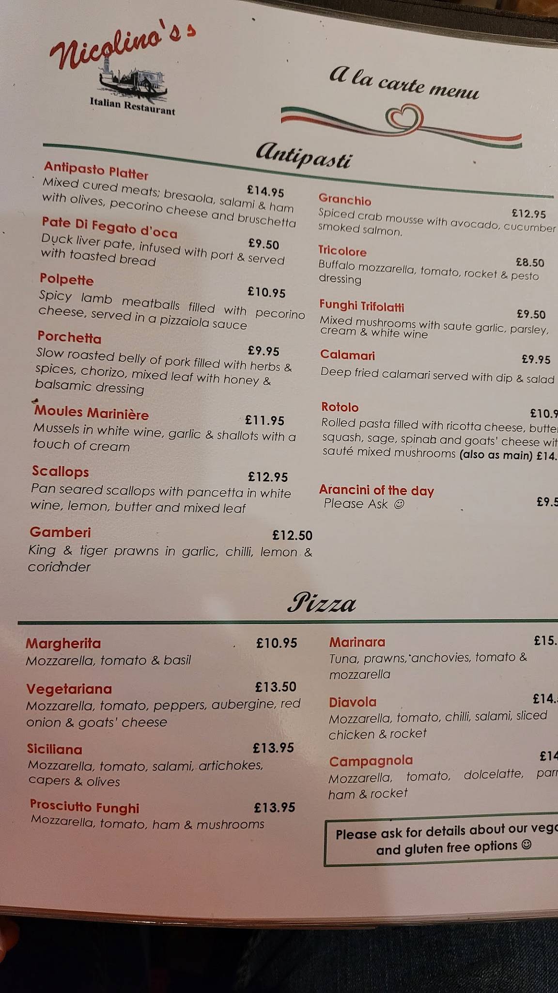 Menu at Nicolino's Italian Restaurant, Emsworth