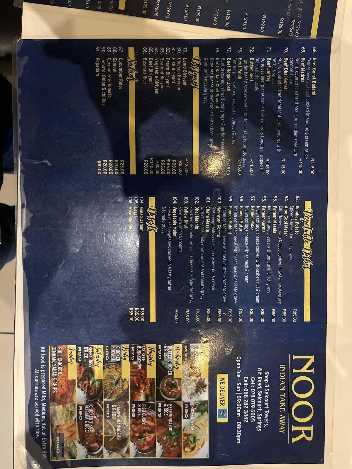 Menu at Noor springs curry restaurant, Springs