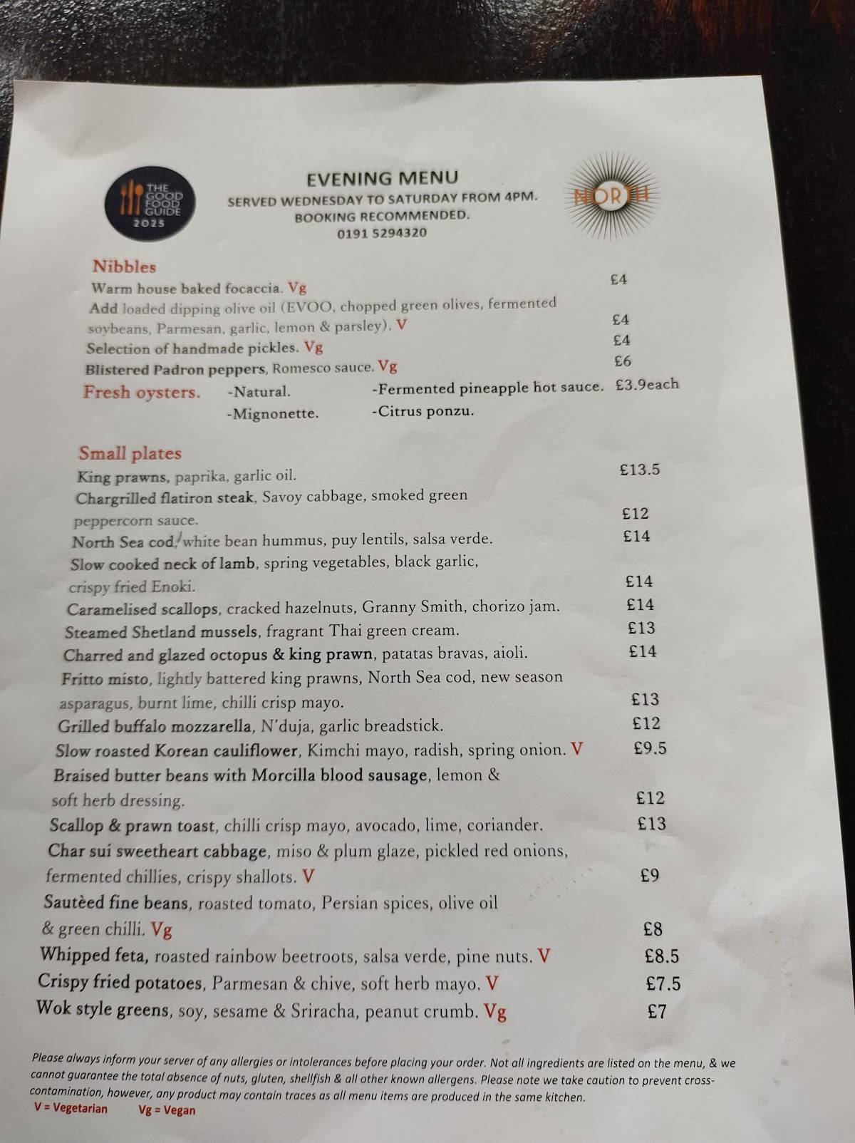 Menu at North restaurant, Sunderland, Whitburn Bents Rd