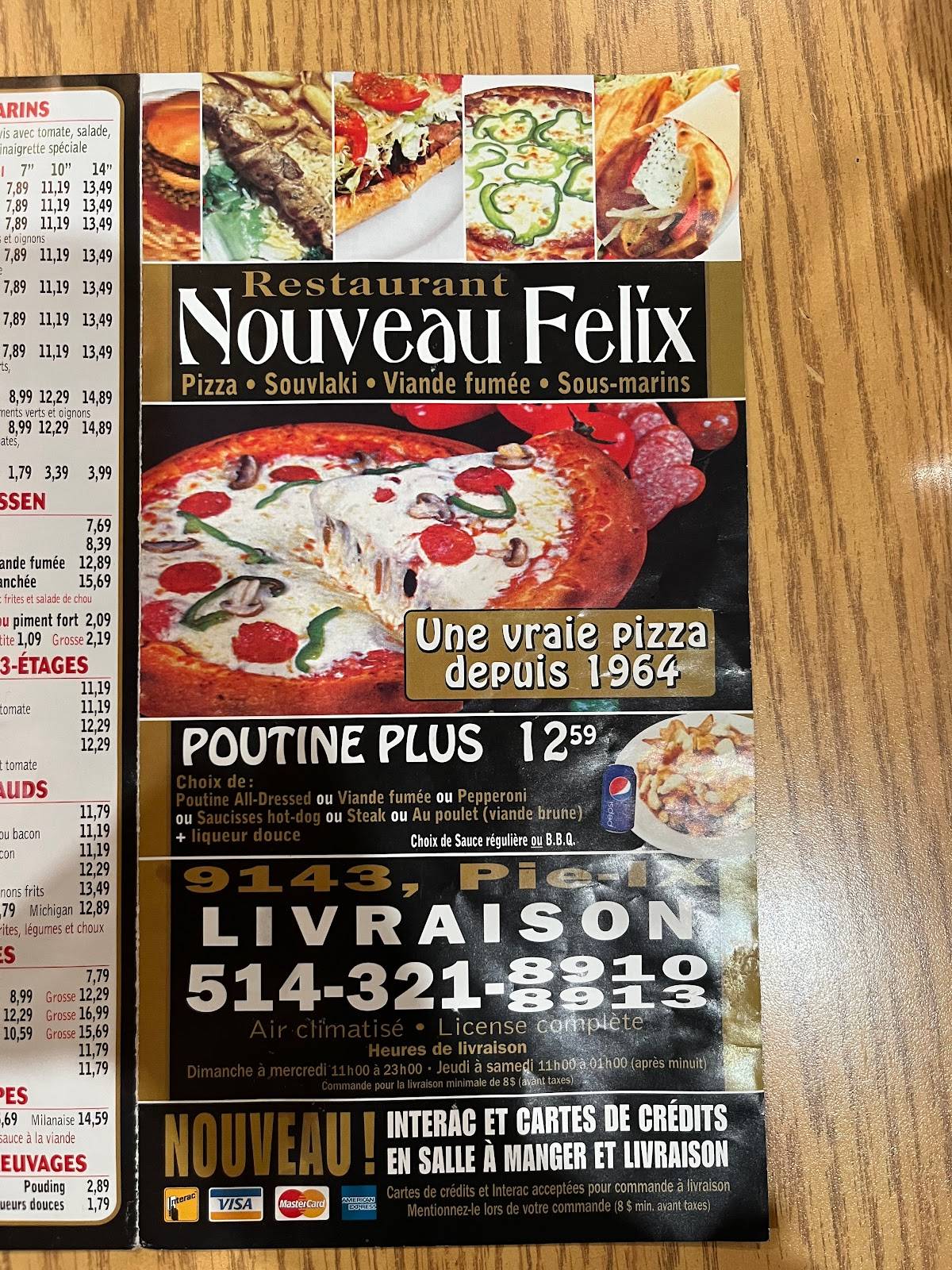 Menu at Restaurant Nouveau Félix, Montréal
