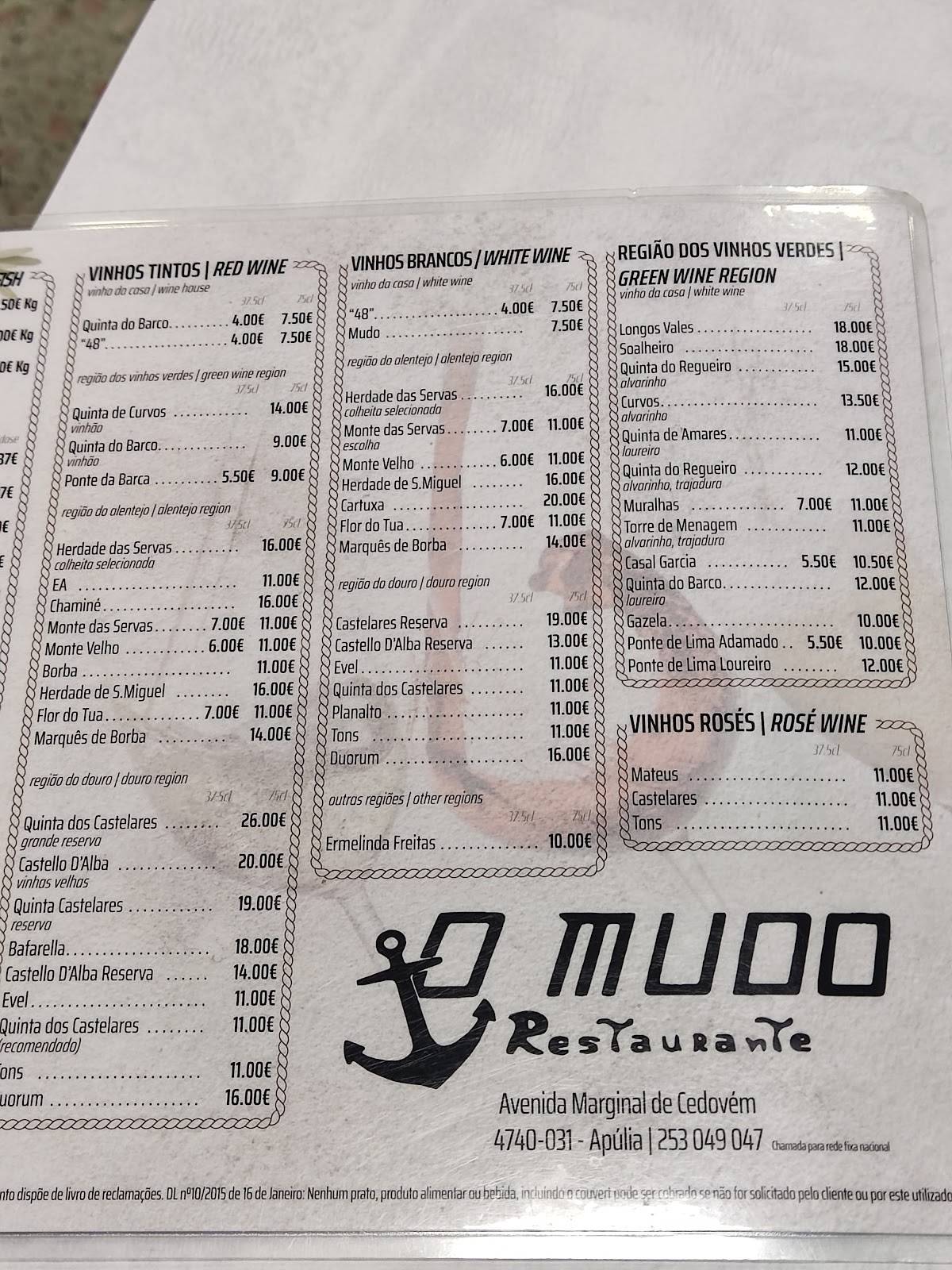 Menu at O Mudo Restaurant, Apúlia
