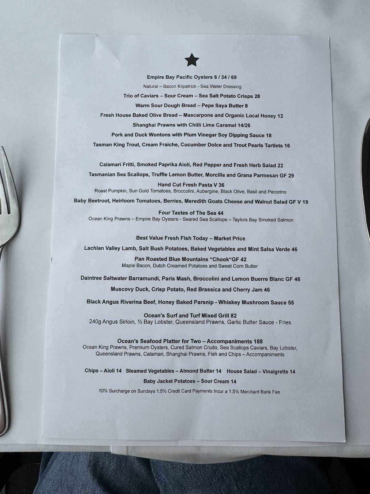 Menu at Ocean Restaurant and Bar - Blue Bay, Blue Bay