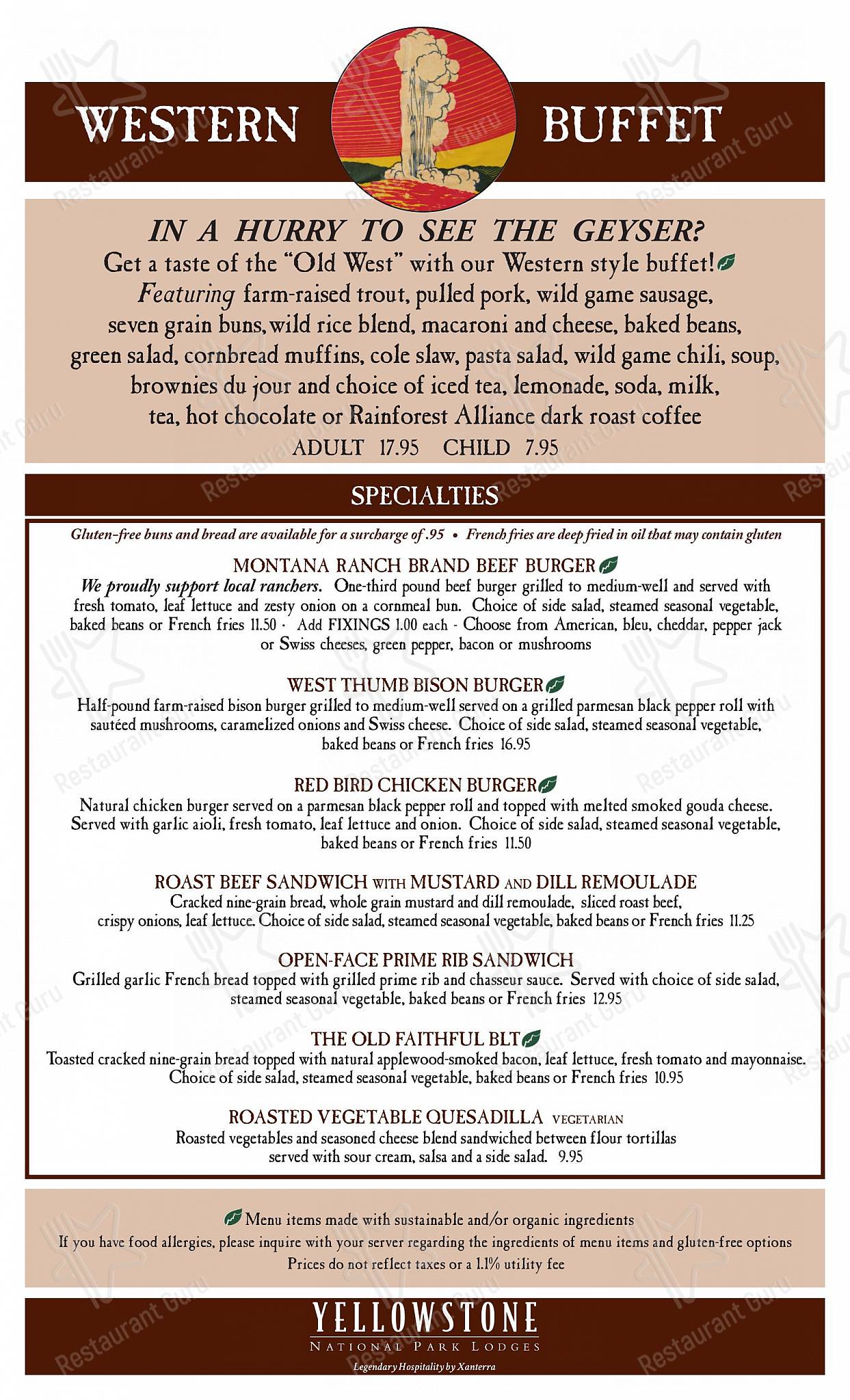 Menu at Old Faithful Inn Dining Room restaurant, USA, Old Faithful Rd
