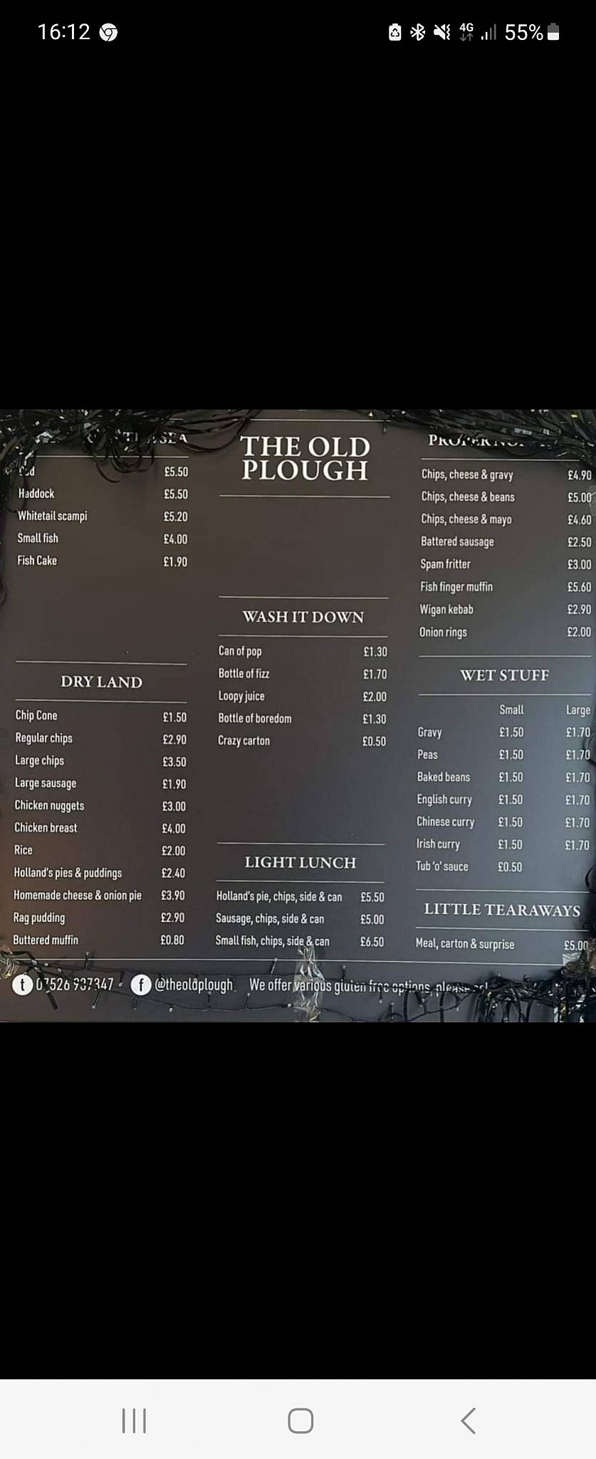 Menu at Old Plough Chippy restaurant, Oldham
