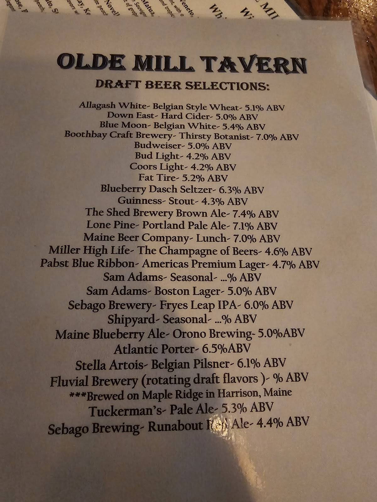 Menu at Olde Mill Tavern restaurant, Harrison