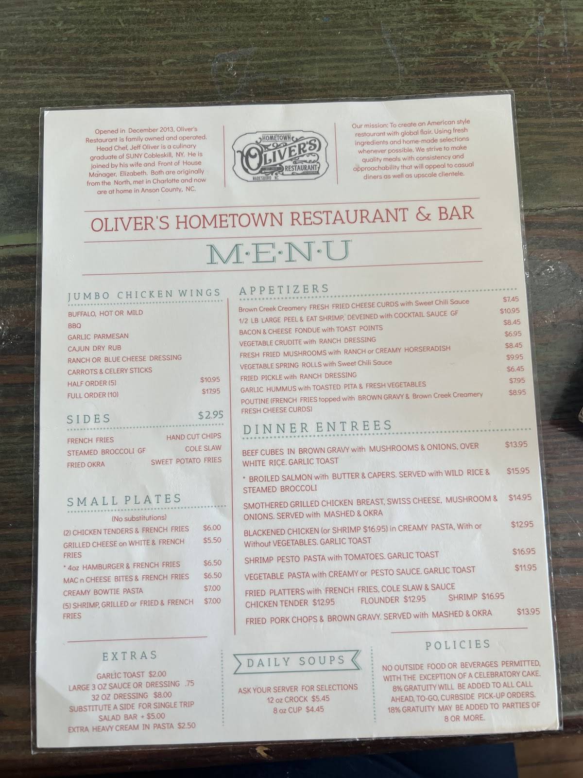 Menu at Oliver's Restaurant, Wadesboro