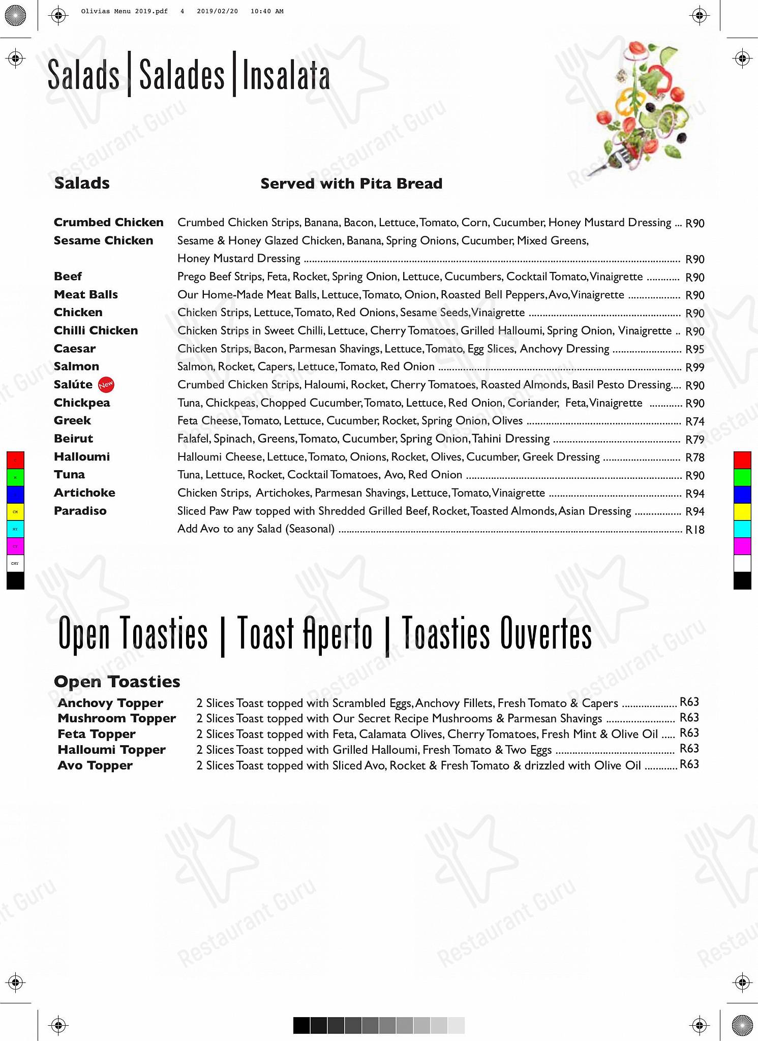 Menu at Olivias Coffeebake restaurant, Randburg