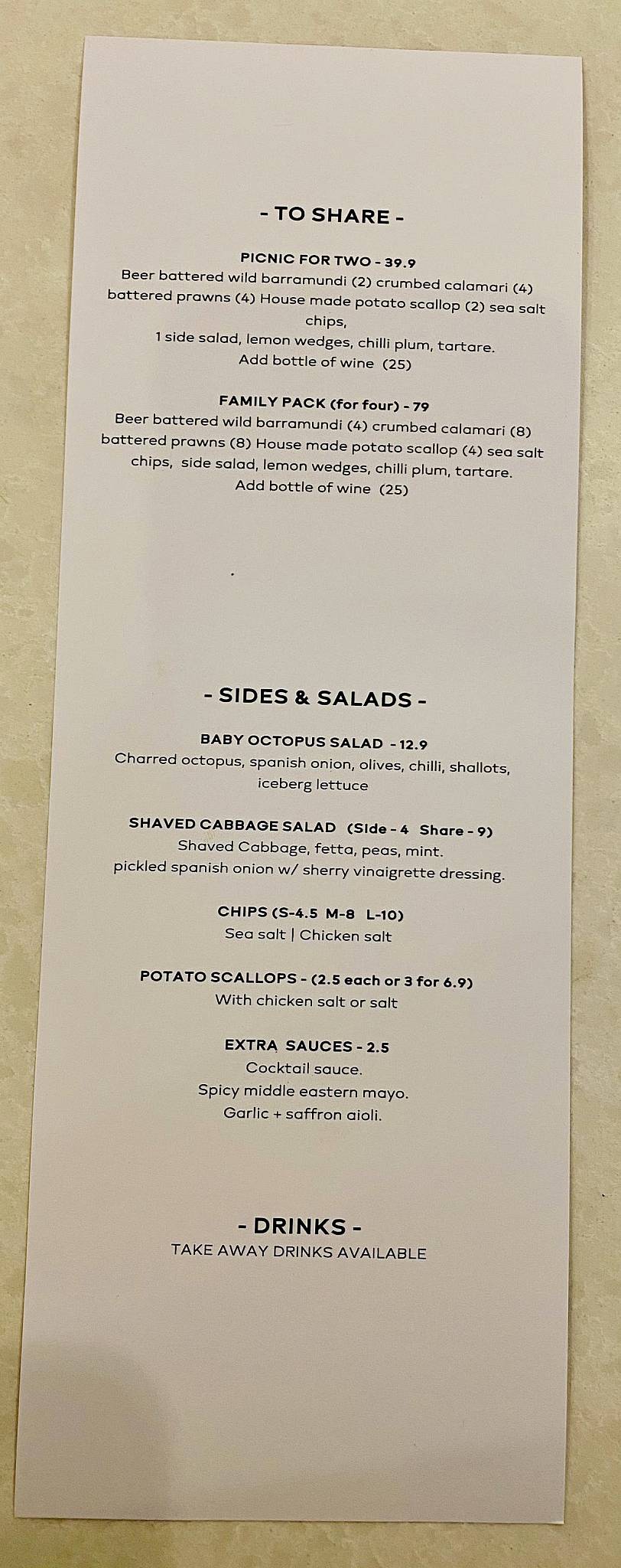 Menu at Omeros Fish Bar, Benowa