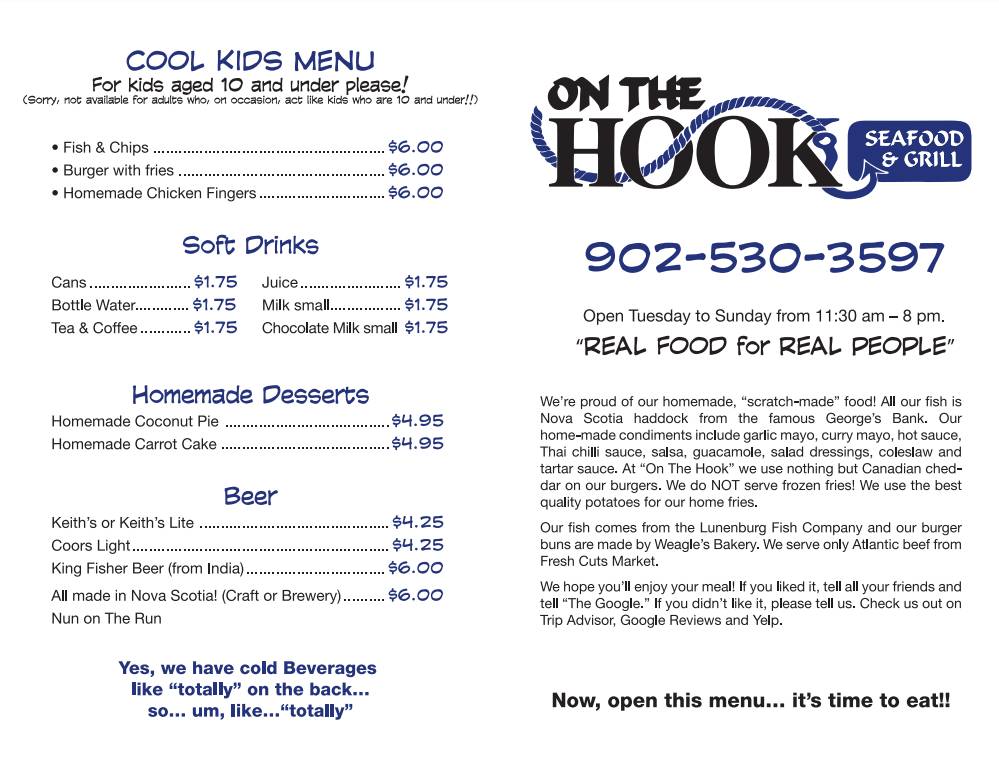 Menu at On The Hook Seafood and Grill restaurant, Bridgewater