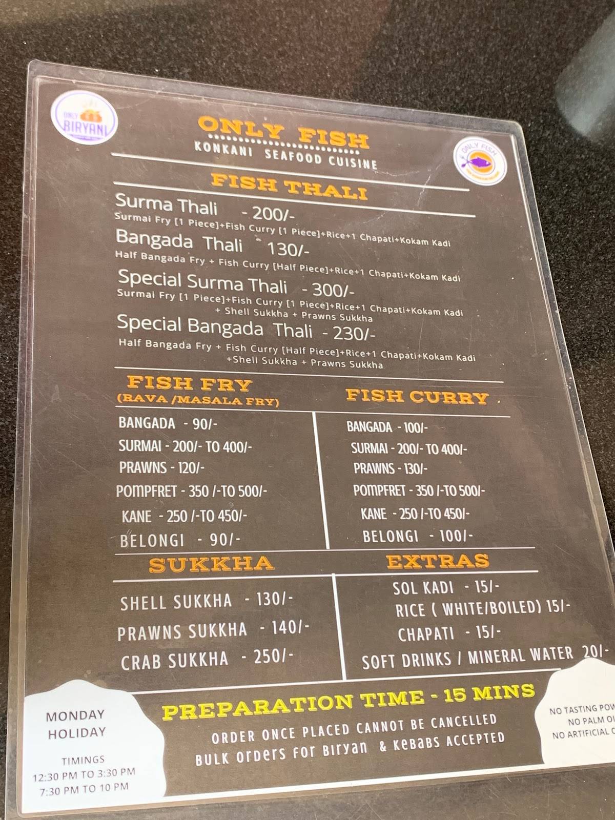 Menu at Only Fish, Hubballi