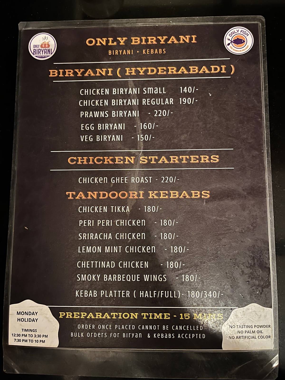 Menu at Only Fish, Hubballi