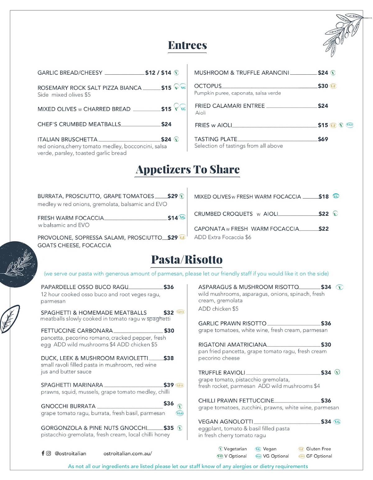Menu at Ostro Italian restaurant, Fremantle