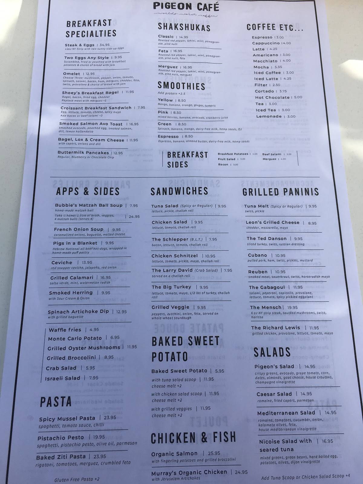 Menu at PIGEON CAFÉ, Montréal, Monkland Ave