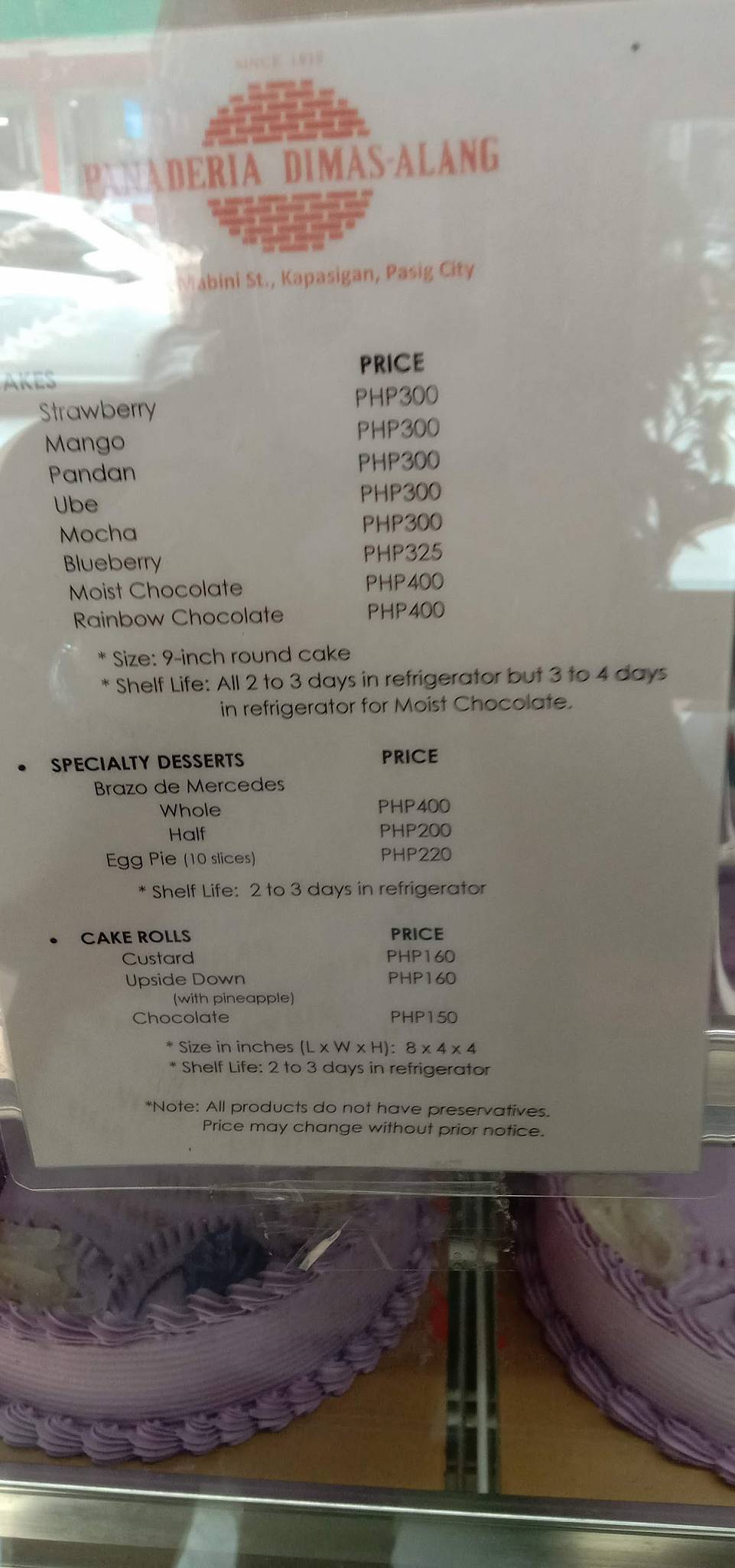 Menu at Panaderia Dimas-Alang restaurant, Pasig