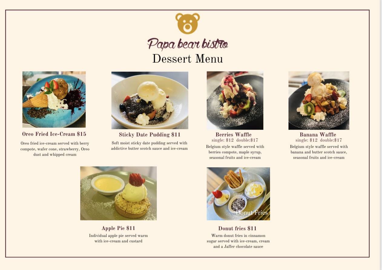 Menu at Papa Bear Bistro restaurant, Rooty Hill