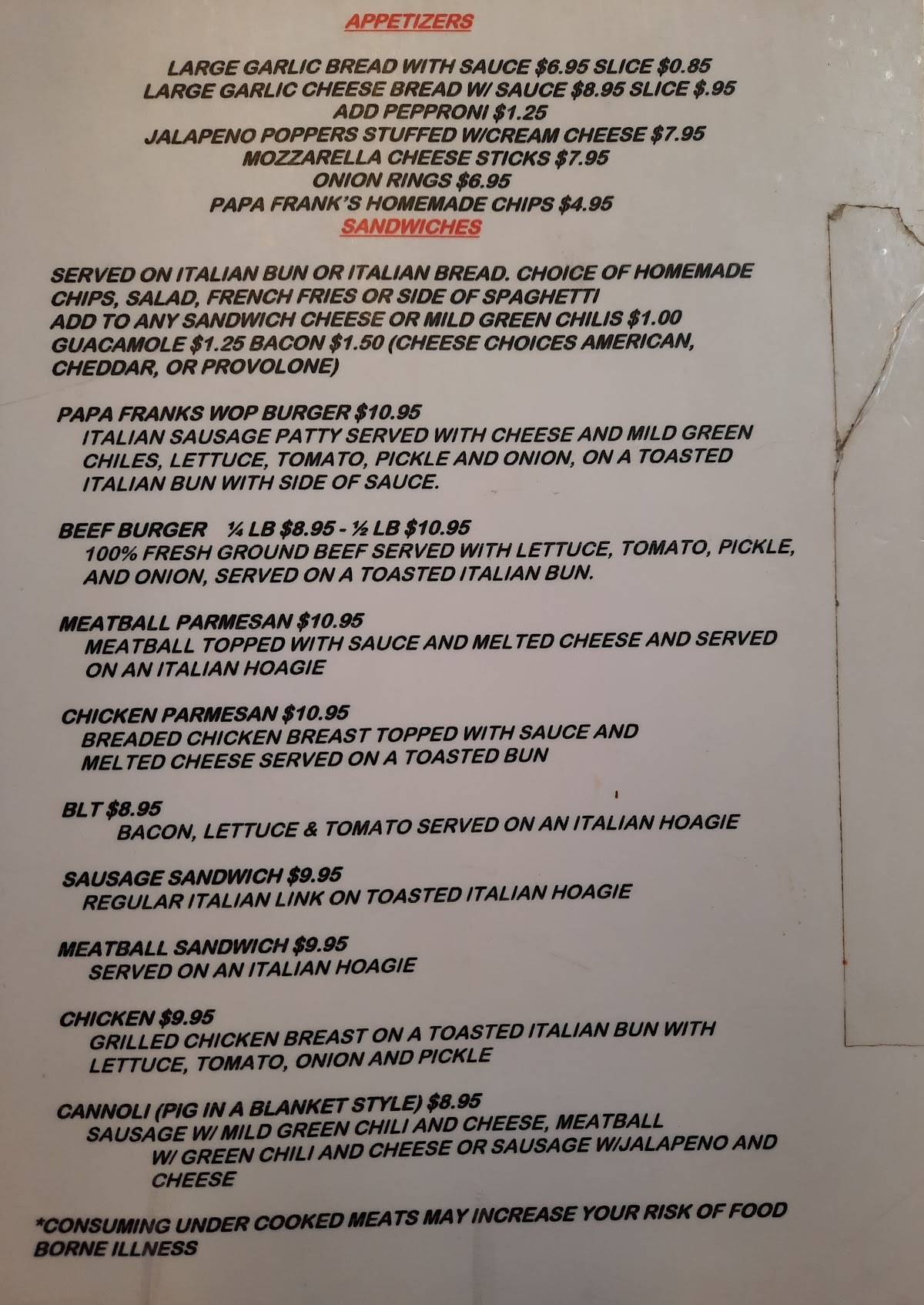 Menu at Papa Frank's restaurant, Broomfield