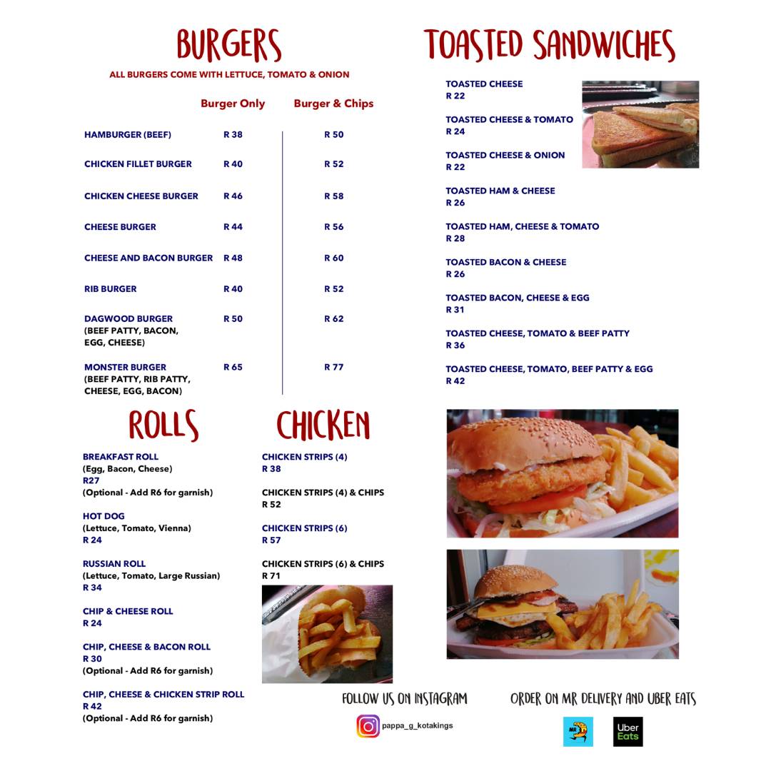 Menu at Pappa G's Kota Kings restaurant, Pretoria