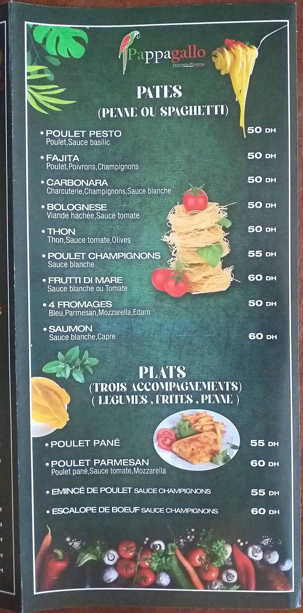 Menu au Pappagallo restaurant, Bouskoura