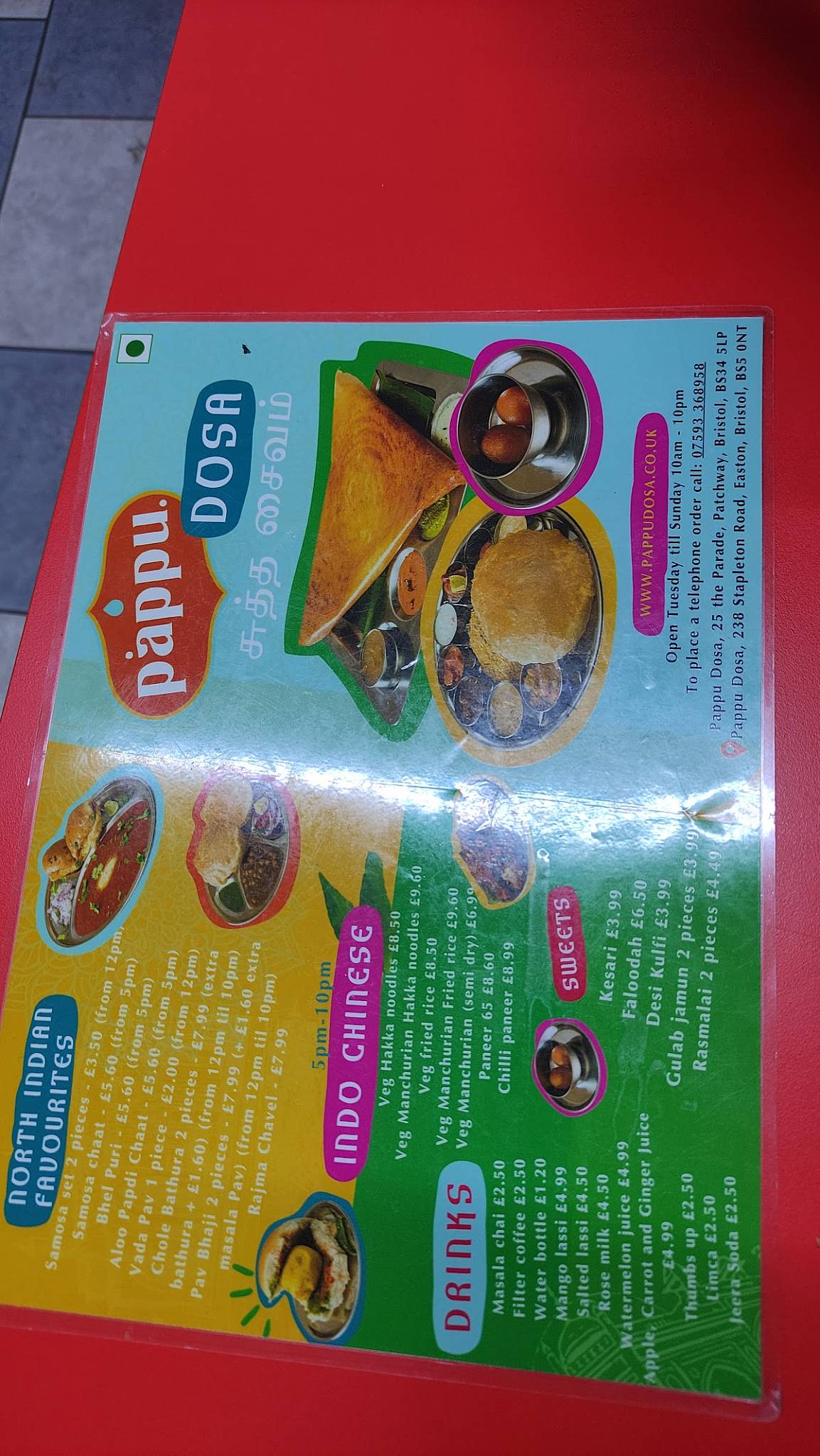 Menu at Pappu Dosa restaurant, Bristol