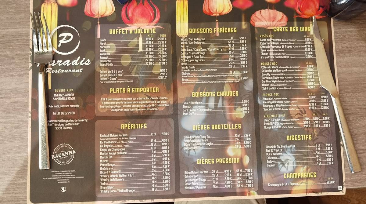 Menu au Paradis Restaurant, Taverny