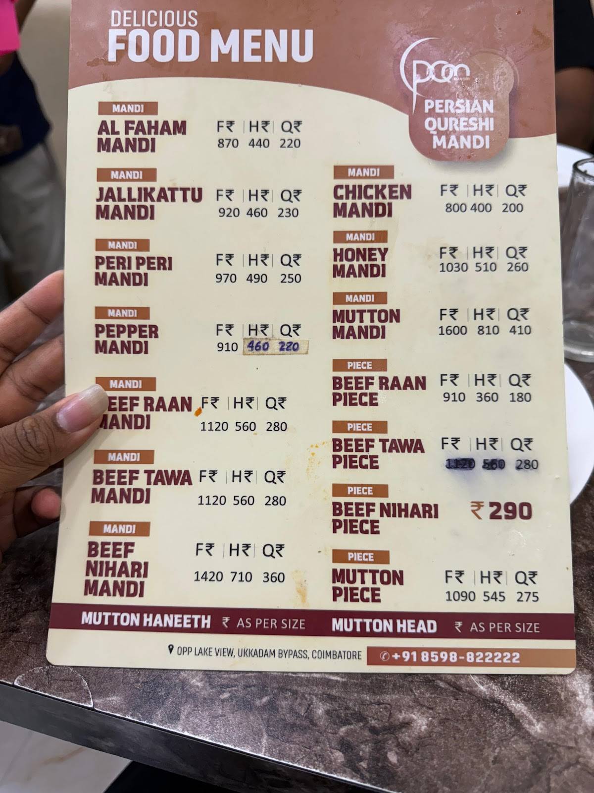 Menu at Persian Qureshi Mandi, Coimbatore