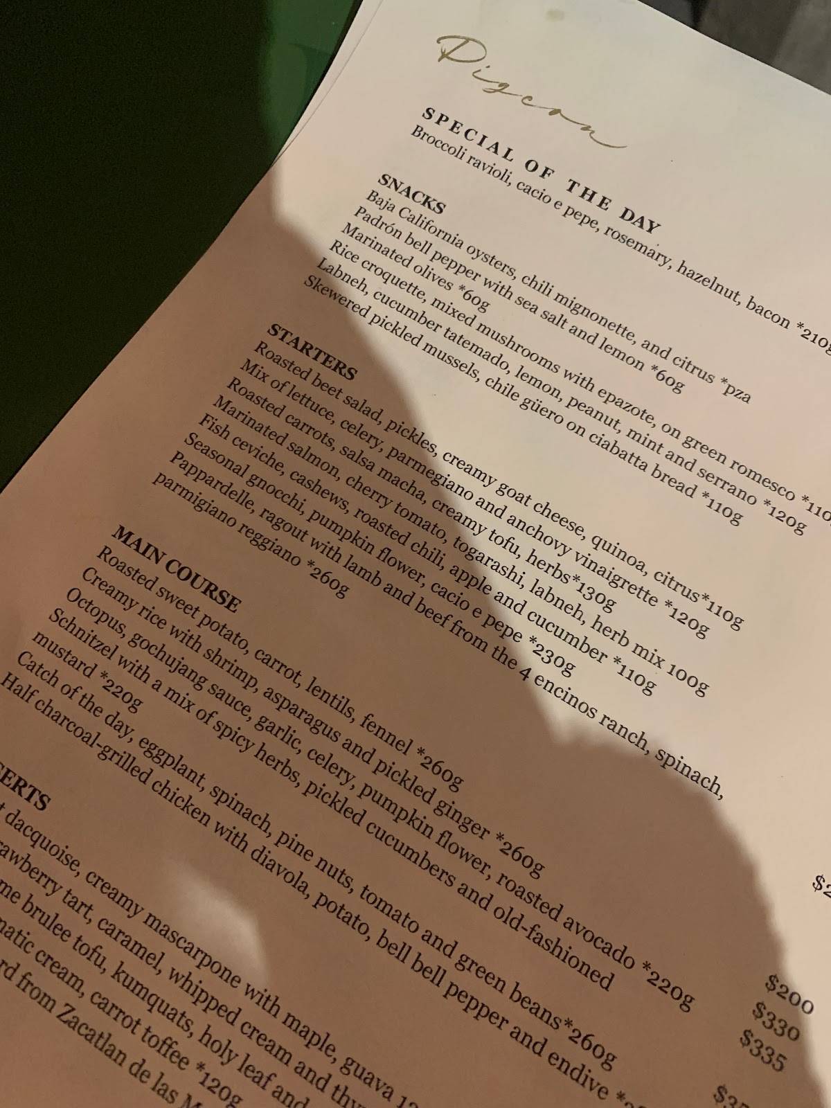 Menu at Pigeon restaurant, Mexico City