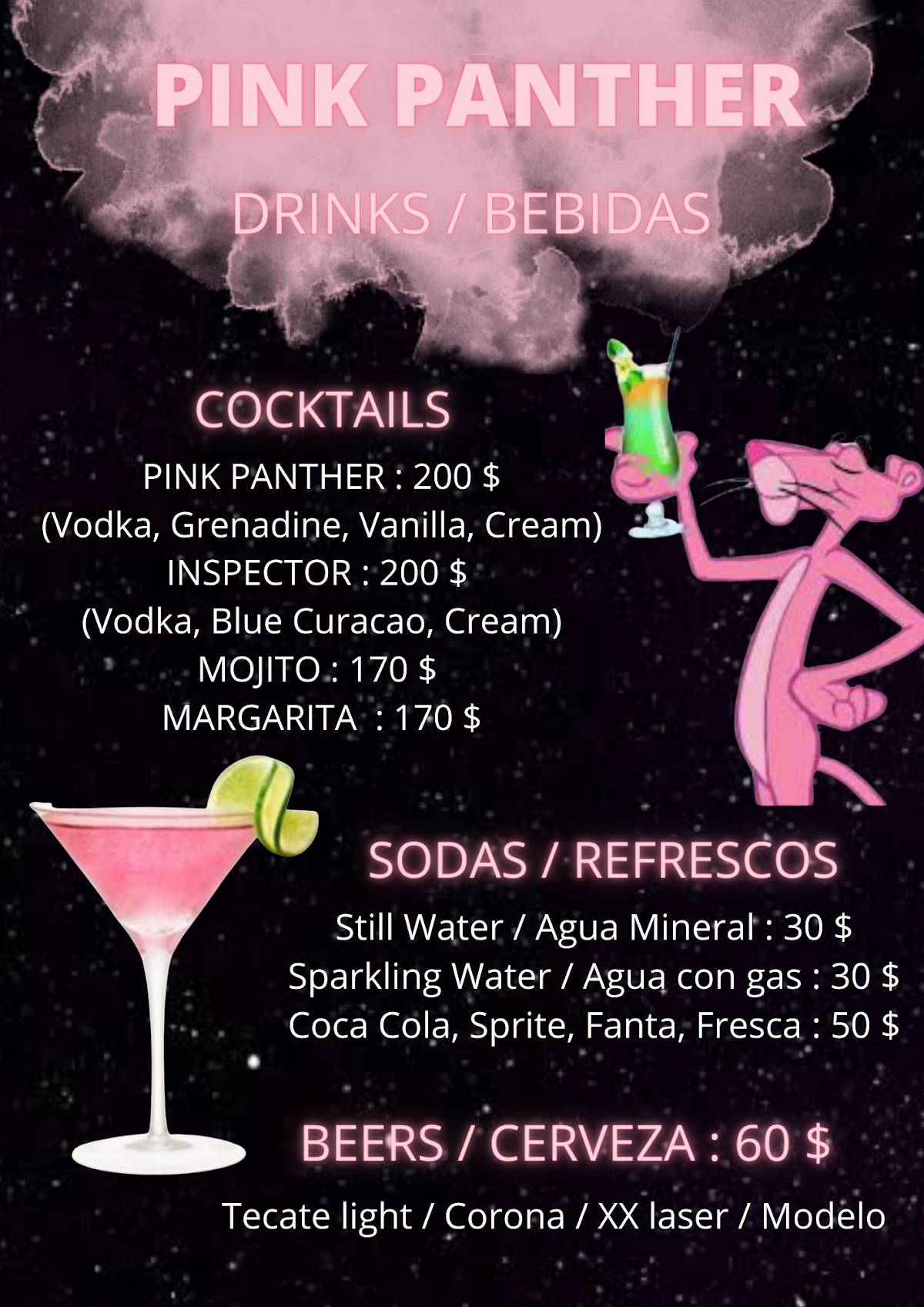 Menu at Pink Panther Burgers & Chicken, Tulum restaurant, Tulum