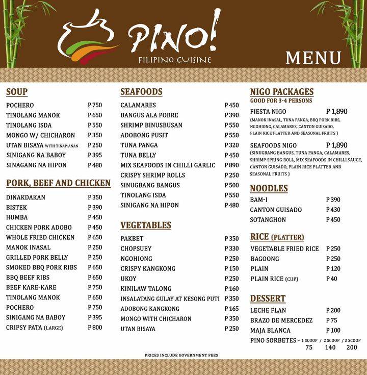 Menu at Pino Talamban restaurant, Cebu City