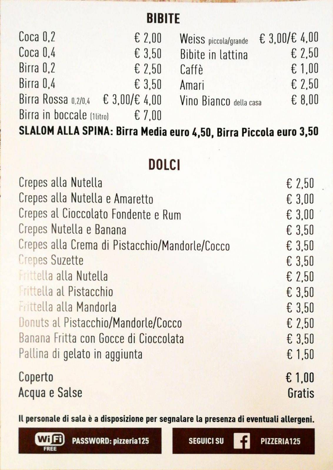 Carta de Pizzeria 125, Milan