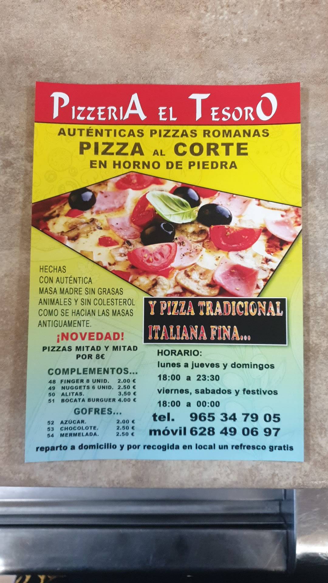 Carta de Pizzería El Tesoro, Villena