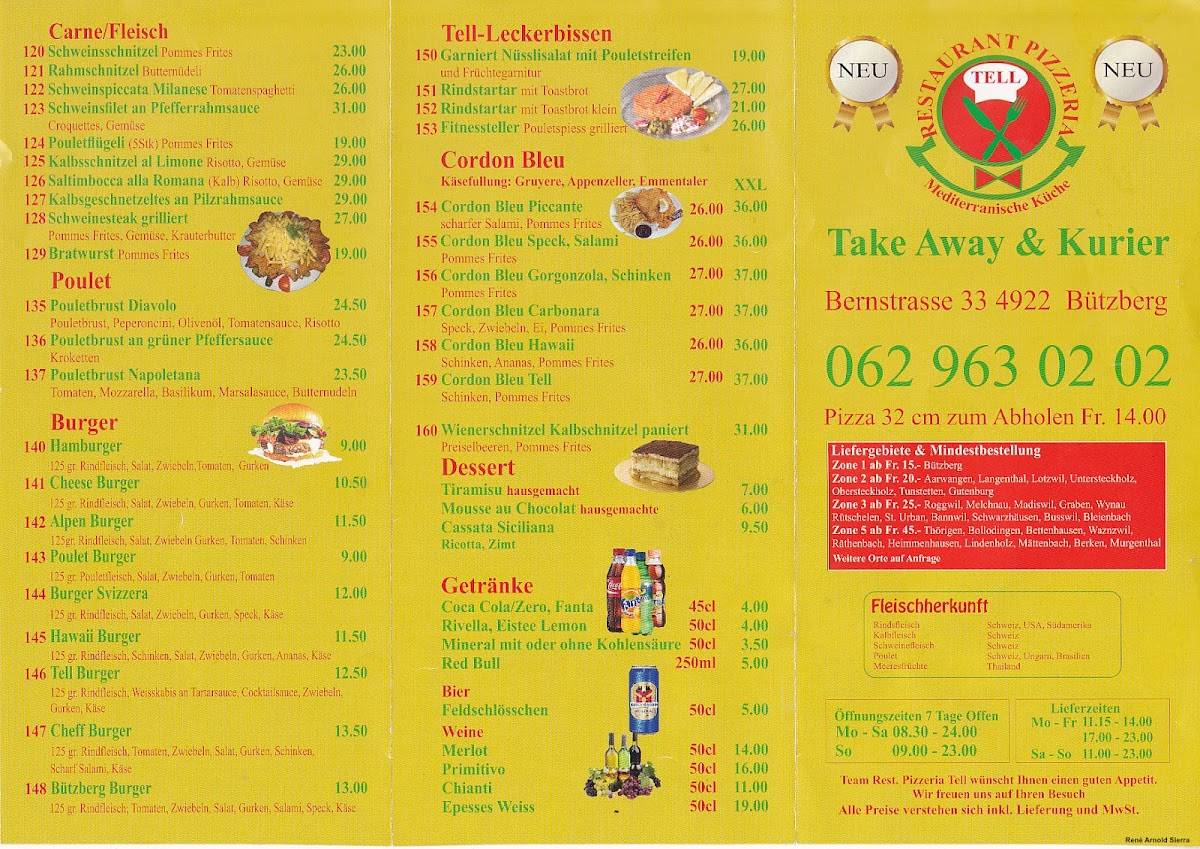 Speisekarte von Restaurant Tell in Bützberg und Umgebung, Thunstetten ...