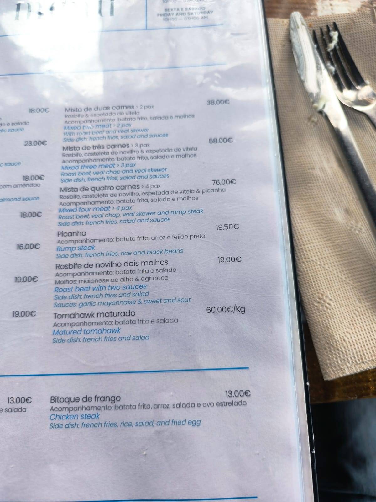 Menu at Plaj Beach House restaurant, Portugal