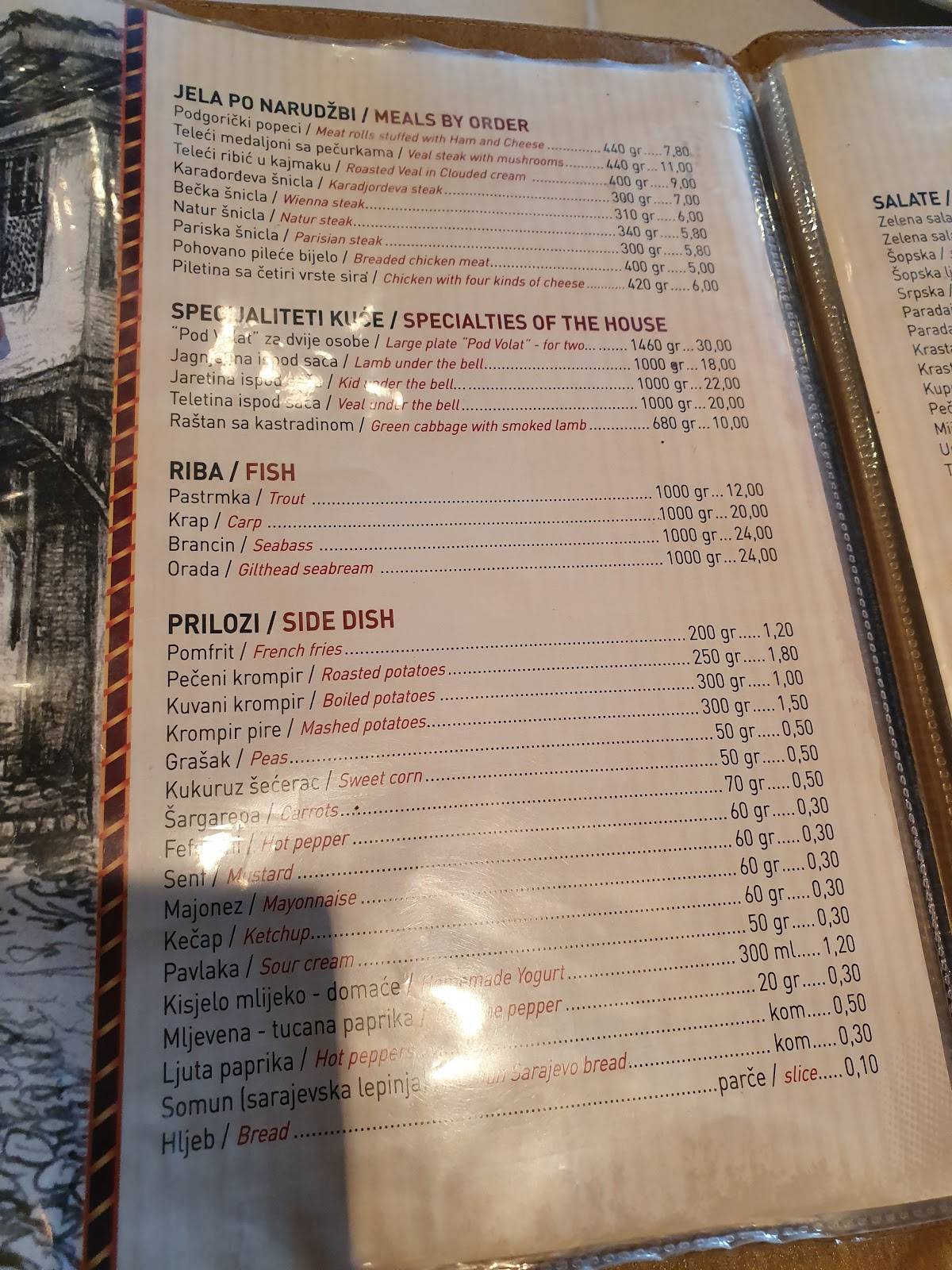 Menu at Pod Volat restaurant, Podgorica