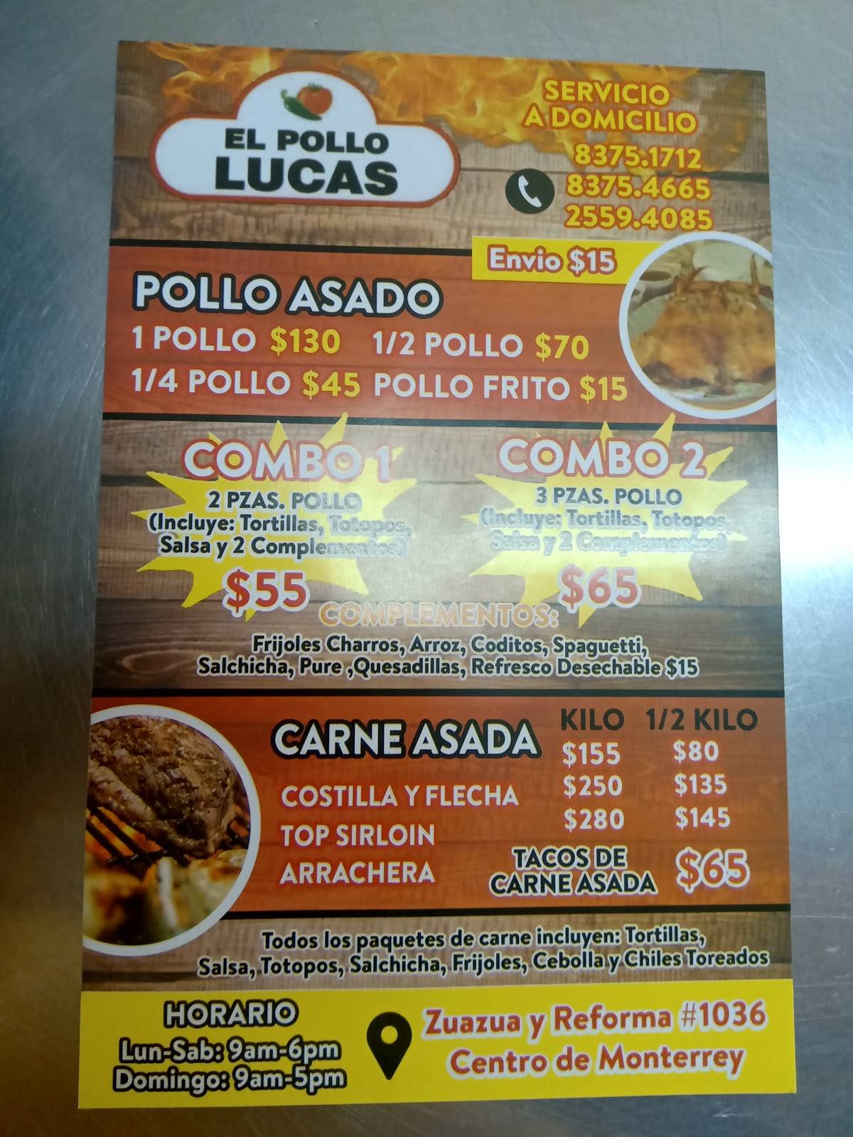 Carta del restaurante Pollo Lucas, Monterrey