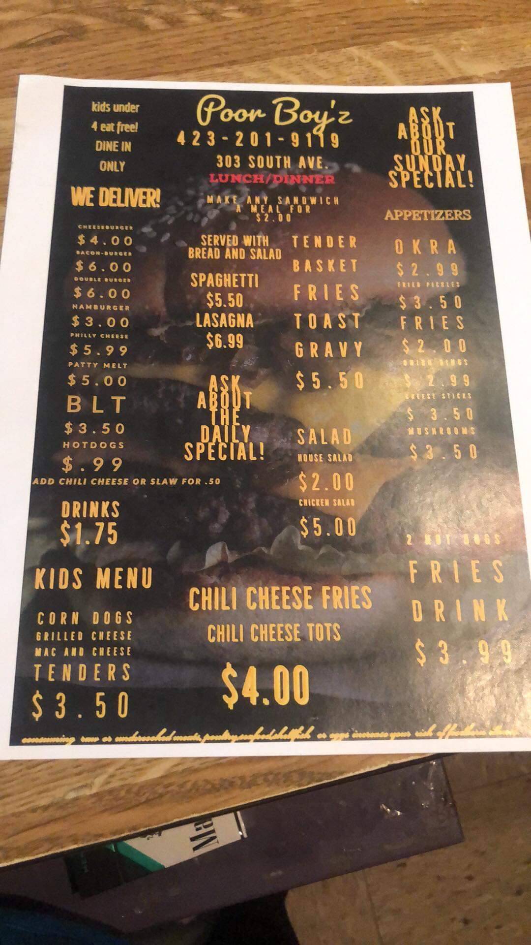 Menu at Poor Boyz restaurant, LaFollette