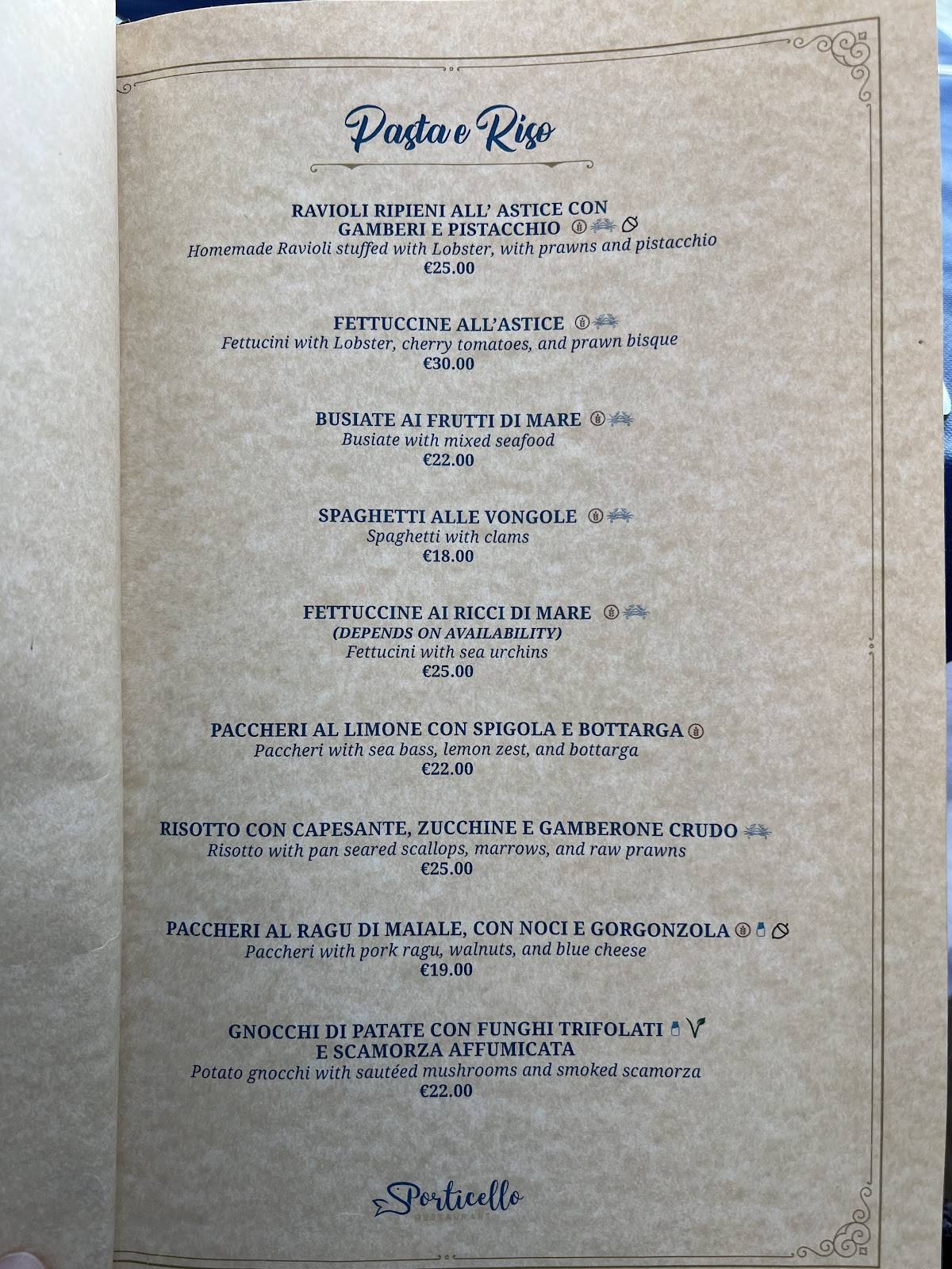 Menu at Porticello Restaurant, Valletta