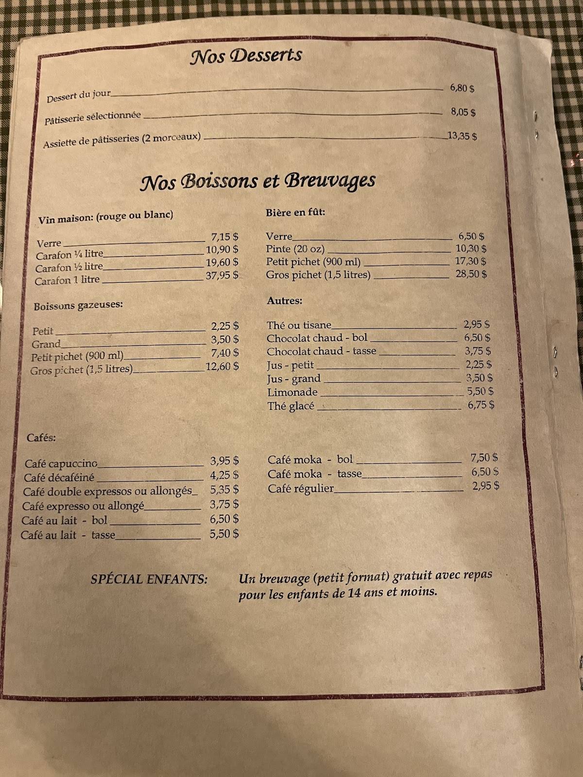 Menu au Porto Bellissimo pizzeria, Saint-Jean-Port-Joli