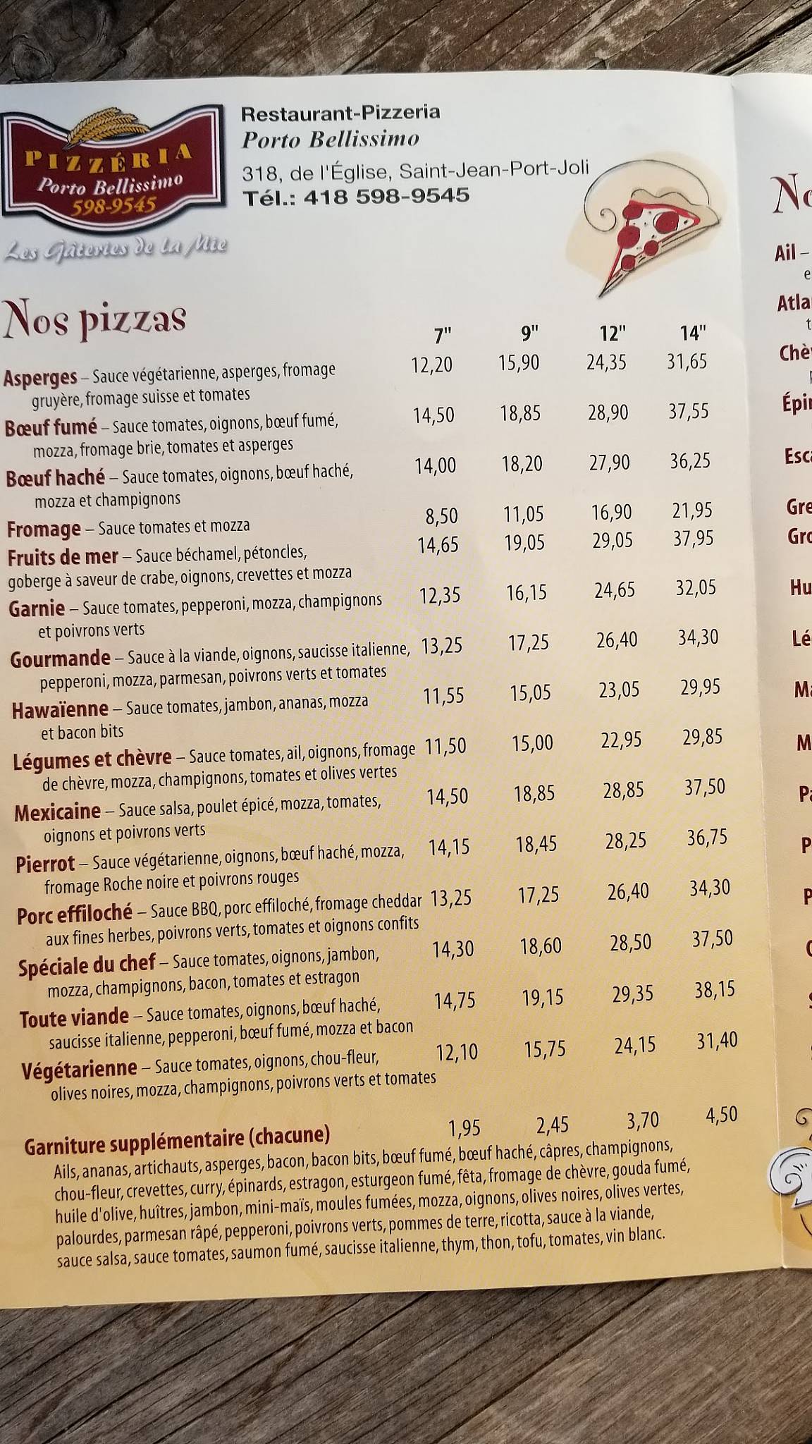 Menu au Porto Bellissimo pizzeria, Saint-Jean-Port-Joli