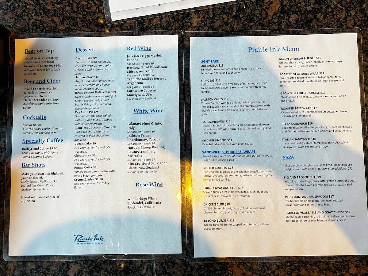 Menu at Prairie Ink Restaurant, Saskatoon