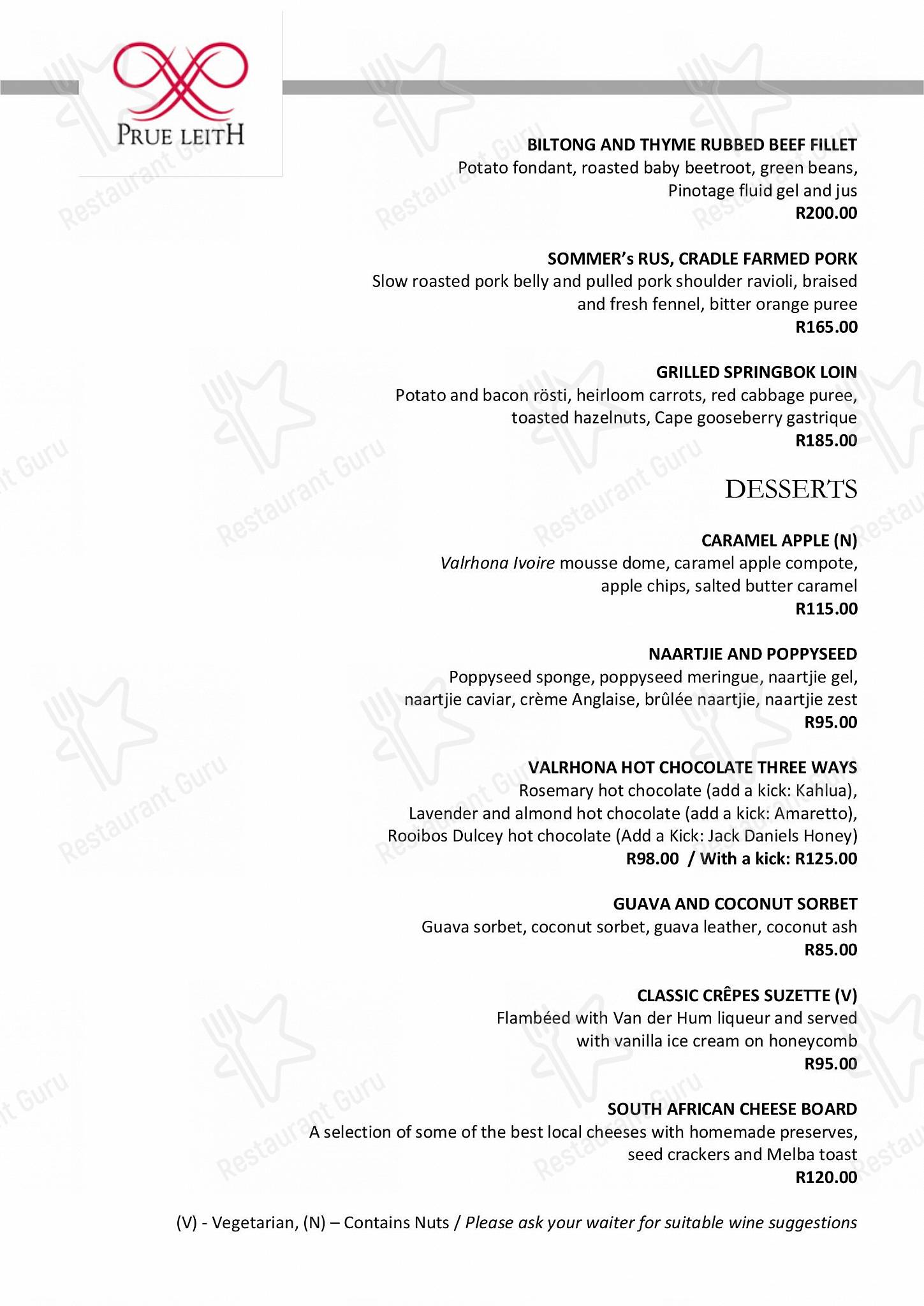 Menu at Prue Leith Culinary Institute & Restaurant, Centurion