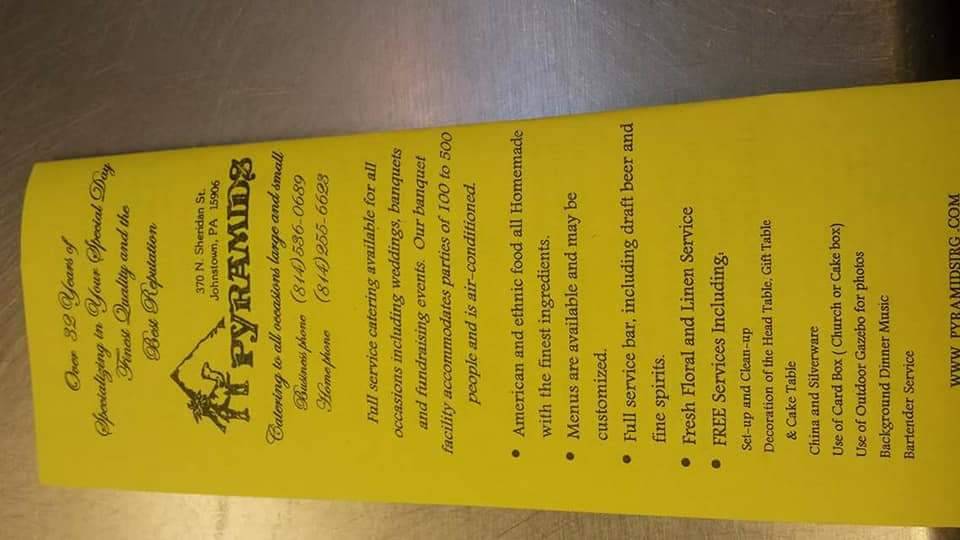 Menu at Pyramid's Lounge and Catering restaurant, Johnstown