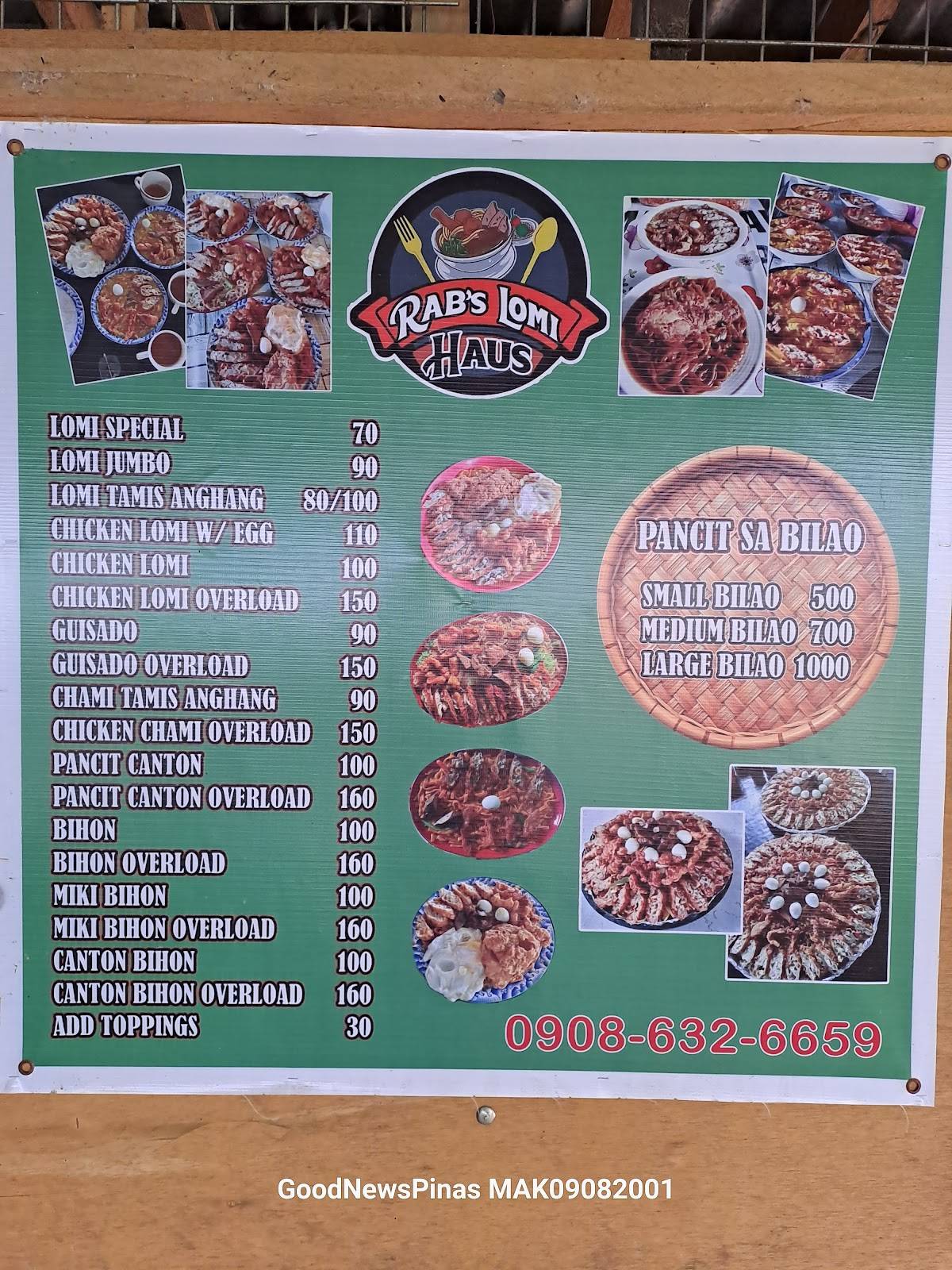 Menu at RAB'S Lomi Haus restaurant, Ibaan