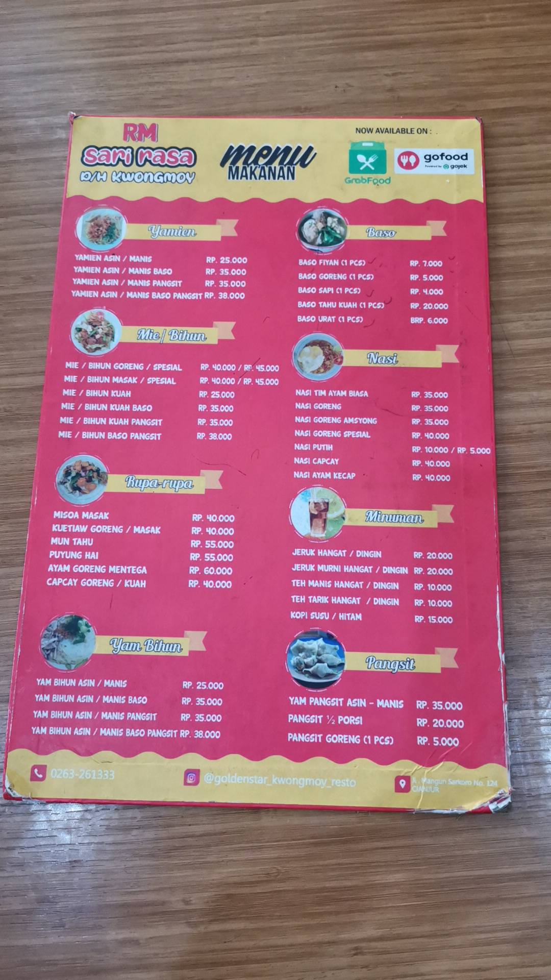 Menu at RM Sari Rasa Kwongmoy restaurant, Cianjur