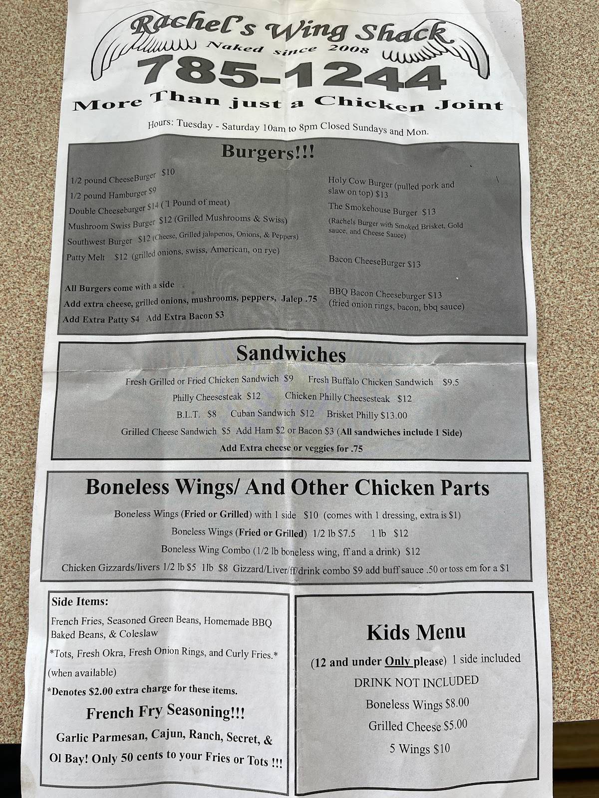 Menu at Rachel's wingshack restaurant, DeLand