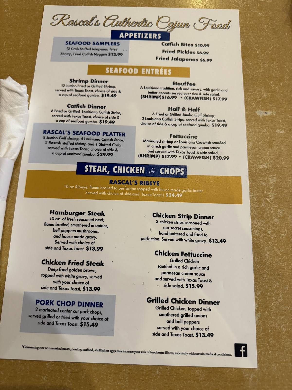 Menu at Rascal's Cajun Restaurant, Rayne