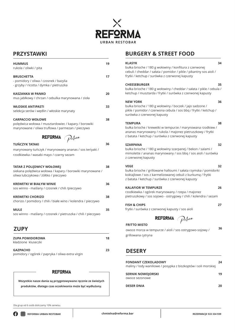 Menu at Reforma Urban restaurant, Warsaw