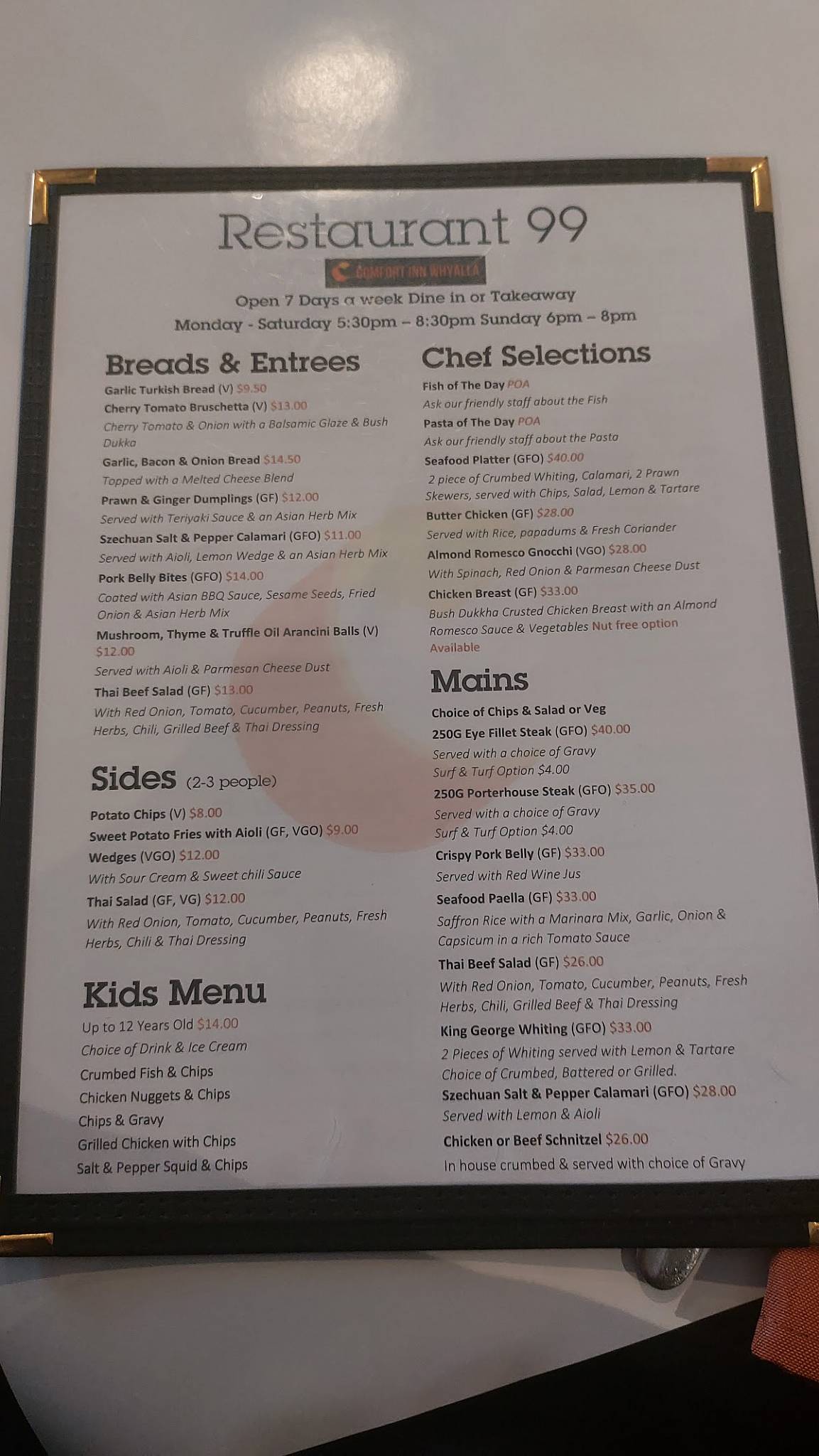 Menu at Restaurant 99, Whyalla Playford