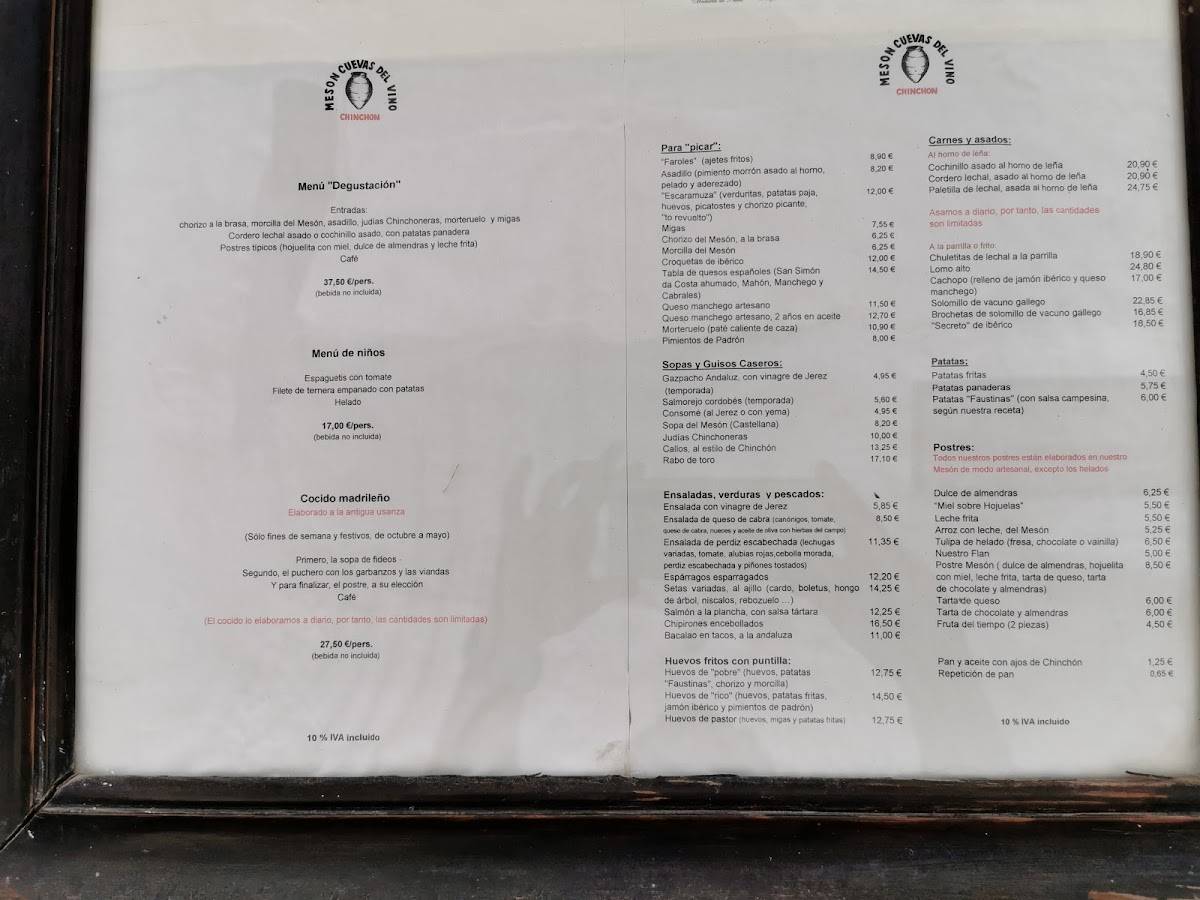 Carta del restaurante Mesón Cuevas del Vino, Chinchón