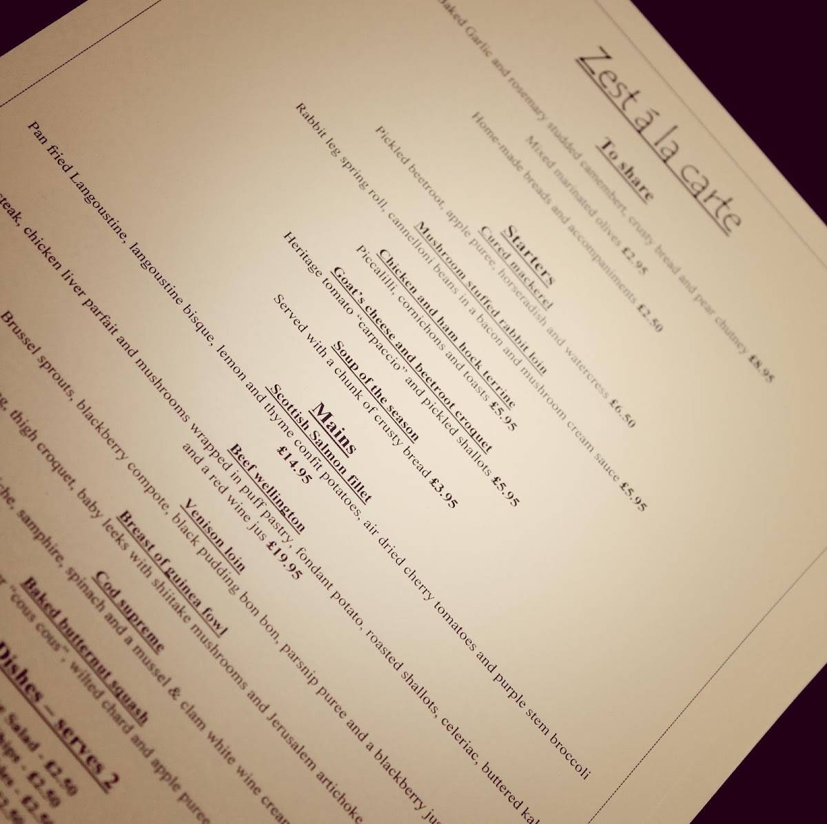 Menu at Restaurant Zest, Derby, Restaurant Zest