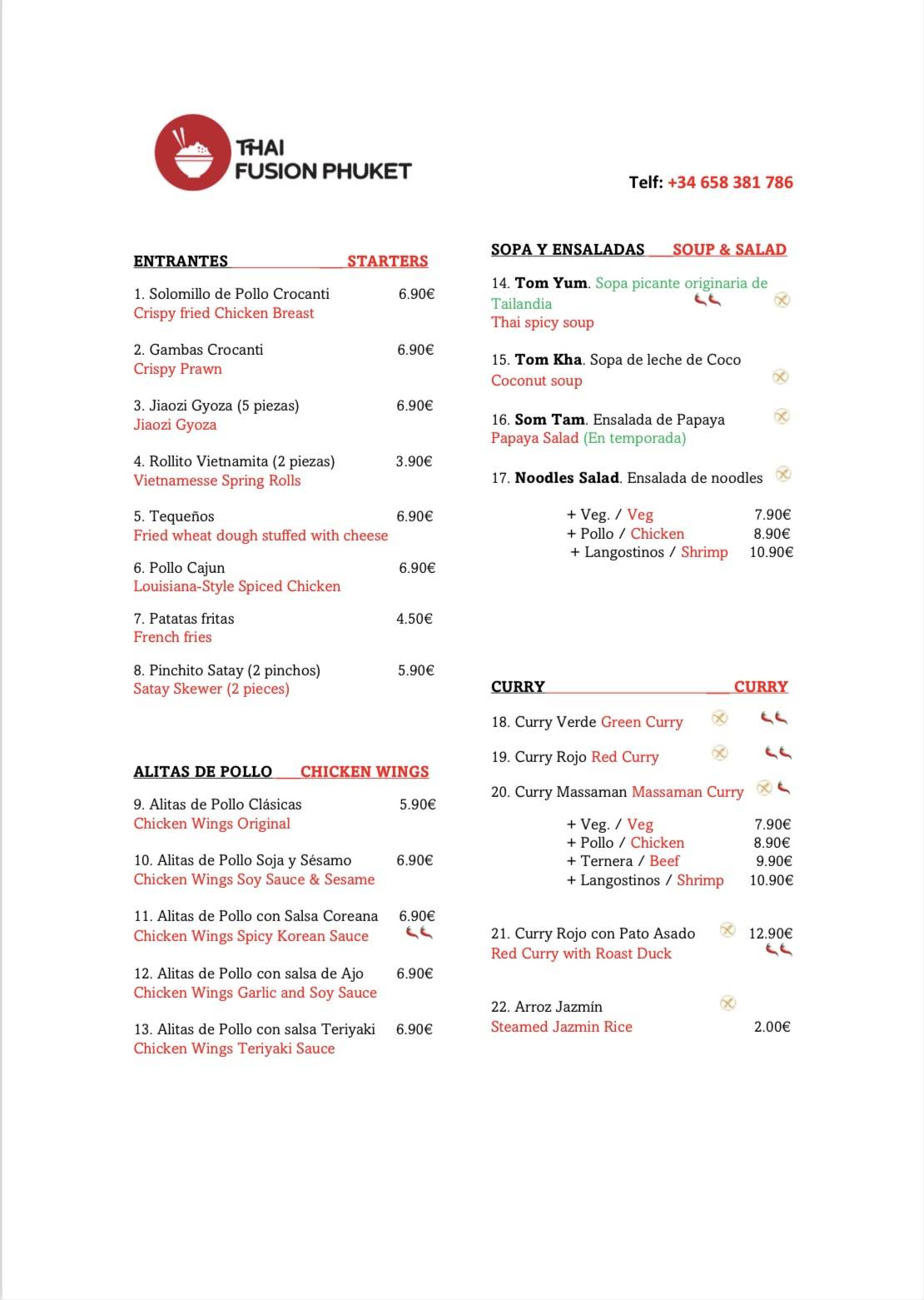 Carta de Restaurante Thai Fusion Phuket, Vera